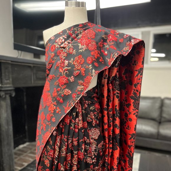 Sarees | Crimson Red Roses And Metallic Gold Detailing On Brocade Saree ...